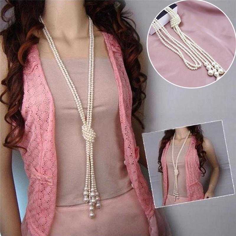 Kalung Rantai Panjang Manik Tiruan, untuk Wanita, Simpulan Berbilang ...