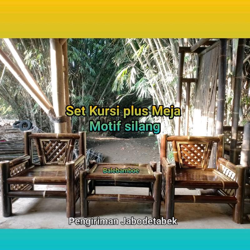 Kursi set plus Meja bambu hitam motif silang - Shop | Tokopedia