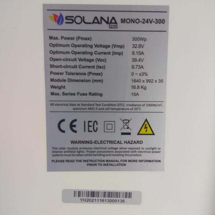 Solana Solar Cell/Panel Surya/Solar Panel Monocrystalline 24V 300Wp ...