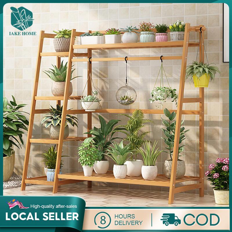 Rak Bunga Buluh Outdoor Plant Rack Solid Wood Balcony Multi-Layer ...