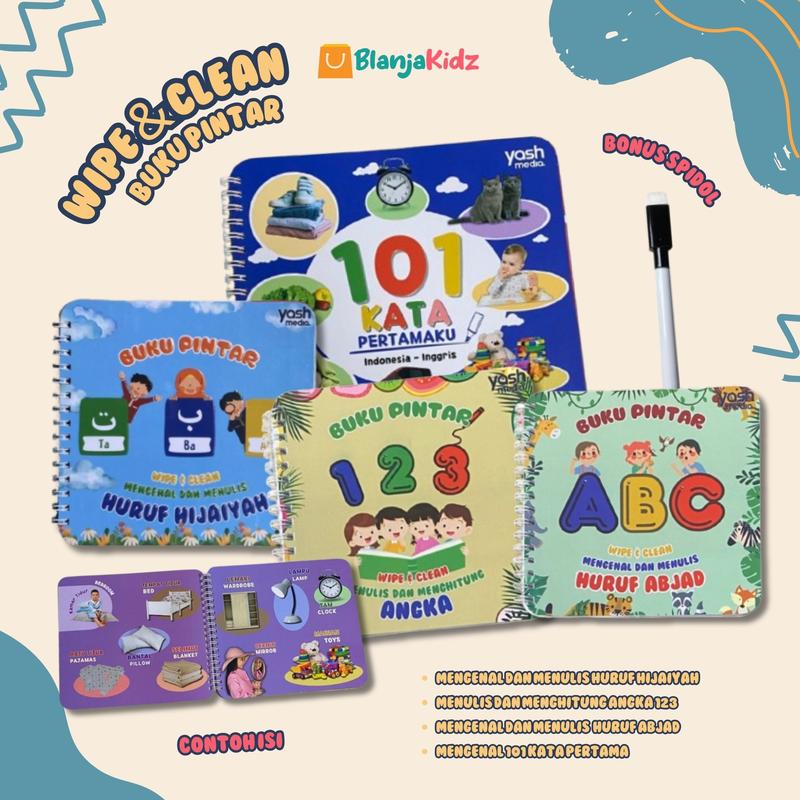 Buku Pintar Anak Wipe and Clean Huruf Abjad ABC & Angka 123 & Huruf ...
