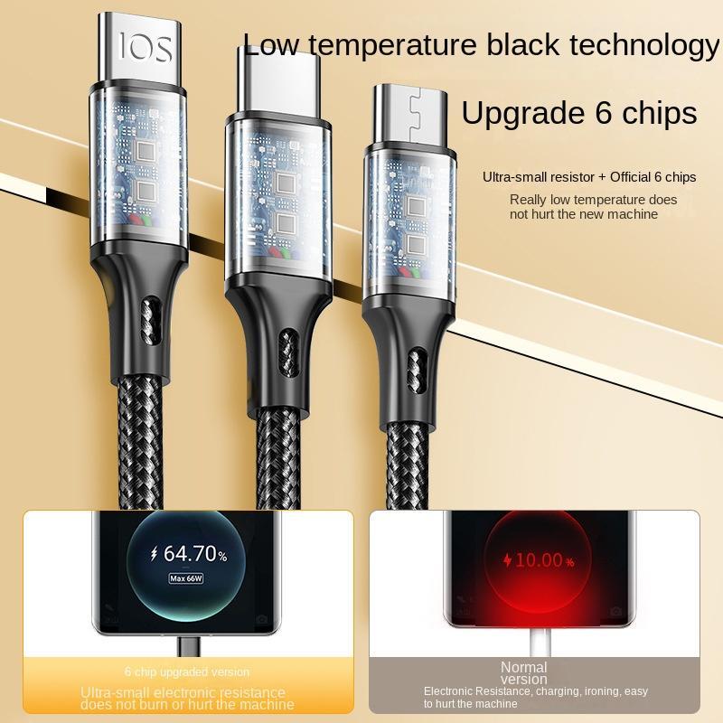 66W 3 in 1 Quick Fast Charging Data Cable iP Lightning USB Type C to ...