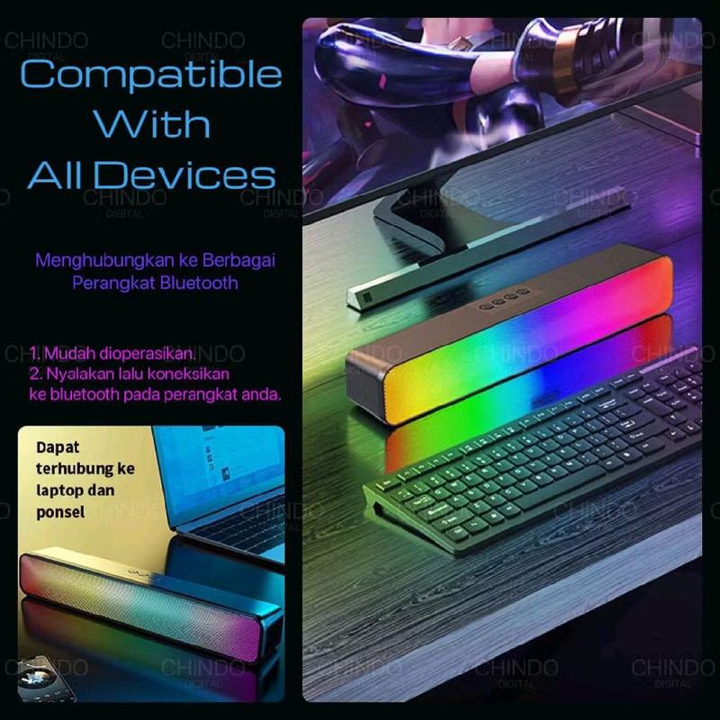 Speaker Bluetooth Powerful Bass Stereo Long RGB Lampu LED Soundbar TV ...