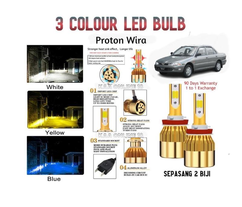 For~ Proton Wira 2pcs Car Headlight 3 Colour LED Bulb 3000/6000/10000K ...