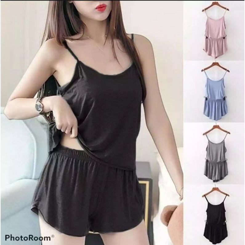Setelan Tank Top Wanita Model Tank Top + Celana Pendek Warna Polos ...