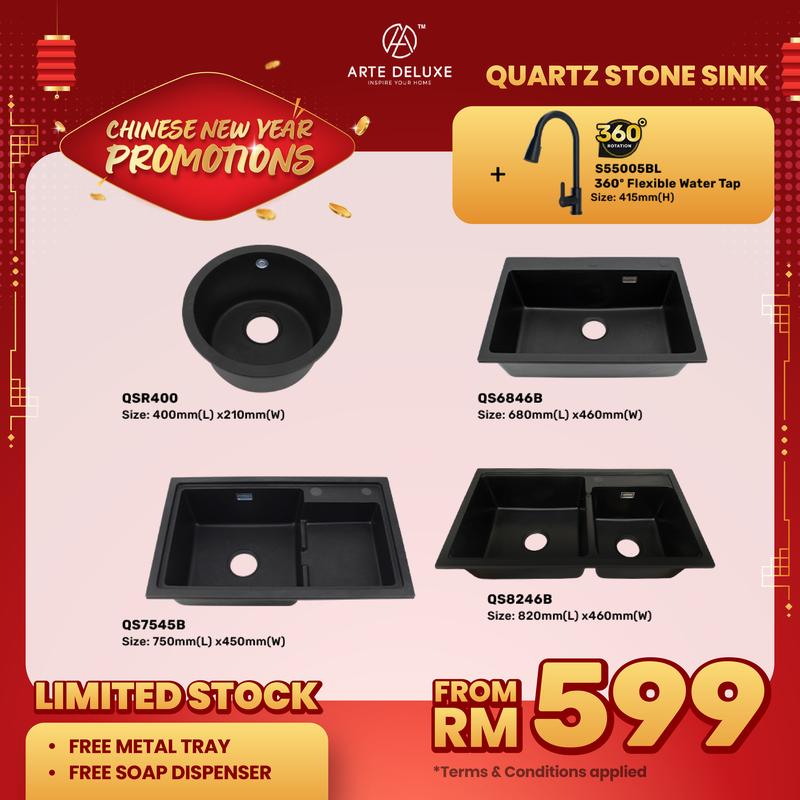 【ARTE DELUXE】Sinki Dapur Batu Kuart CNY (HITAM) 400/680/750/820MM Reka ...