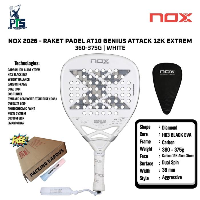 Promo Raket Padel NOX AT10 Genius Attack 12K Xtrem 2026 360-375G White ...