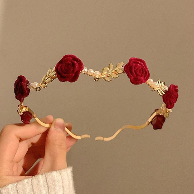 Headpiece bando bunga mawar maroon warna gold dengan tiara - Shop ...