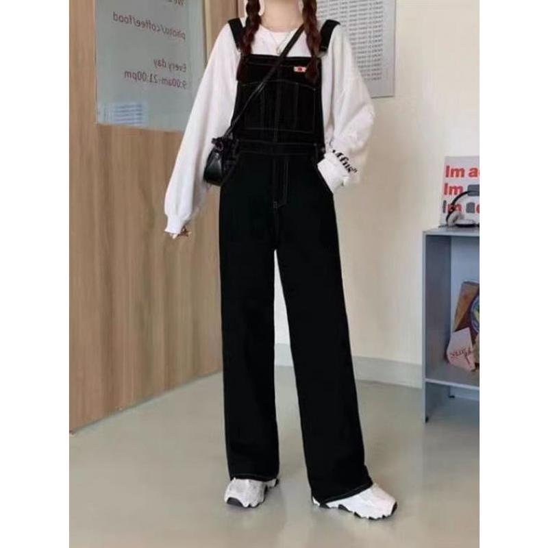 Seluar bertali denim hitam untuk wanita, jumpsuit kaki lebar - TikTok ...