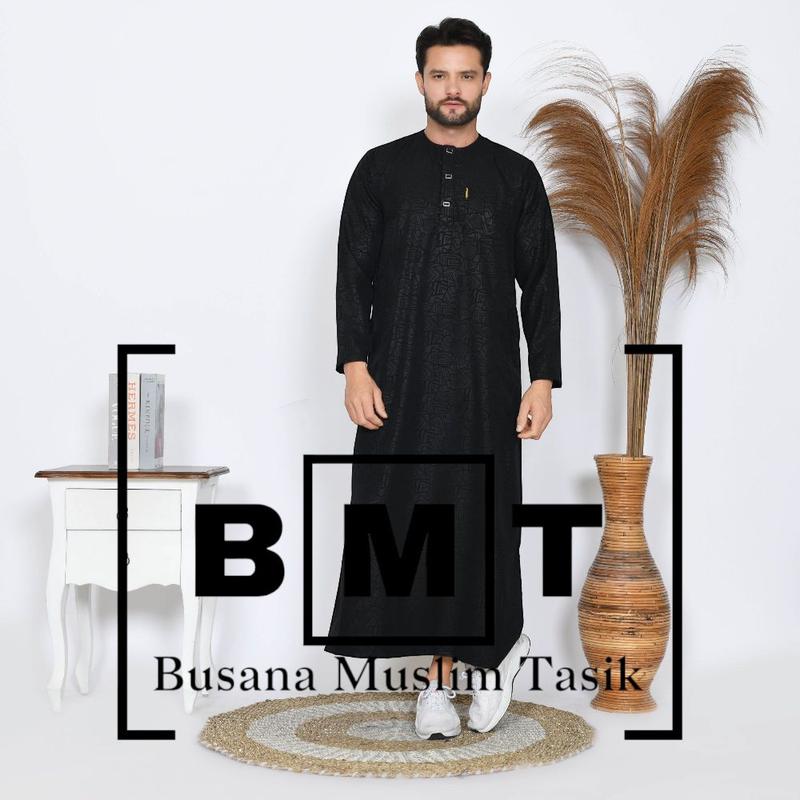 BMT - Jubah Pria Embos Tangan Panjang Gamis Muslim Dewasa Hitam - Shop | Tokopedia
