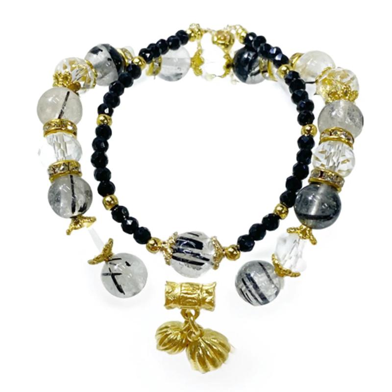 Natural Black Rutile Faceted K9 Beads Handcraft Stack Gold Bracelet ...
