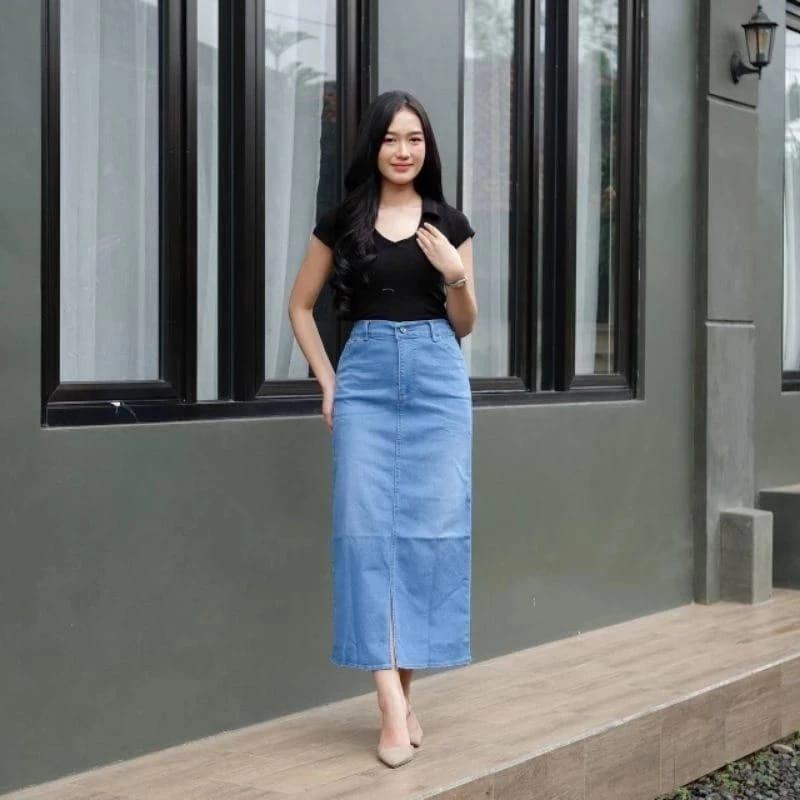 Adeeva Rok Jeans Span Belah Depan Wanita Denim Casual Panjan - Shop | Tokopedia
