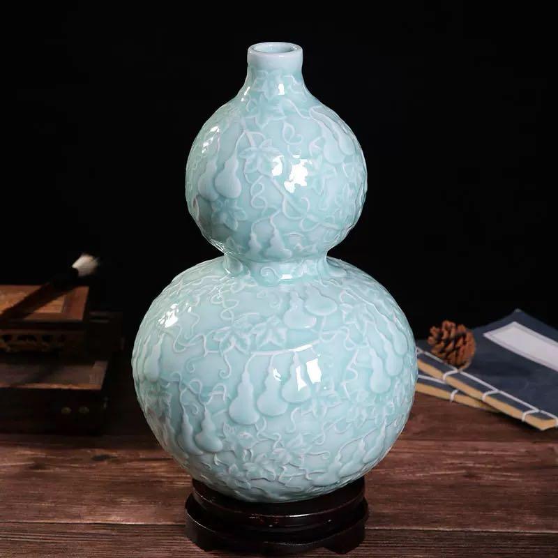 Celadon relief gourd vase, craft ornaments, statues, home decoration ...