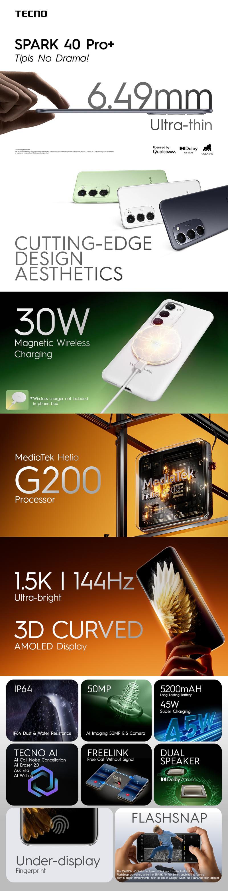 [BAIM] TECNO SPARK 40 Pro+ - 8+8GB*/256GB, Mediatek Helio G200, 30W ...