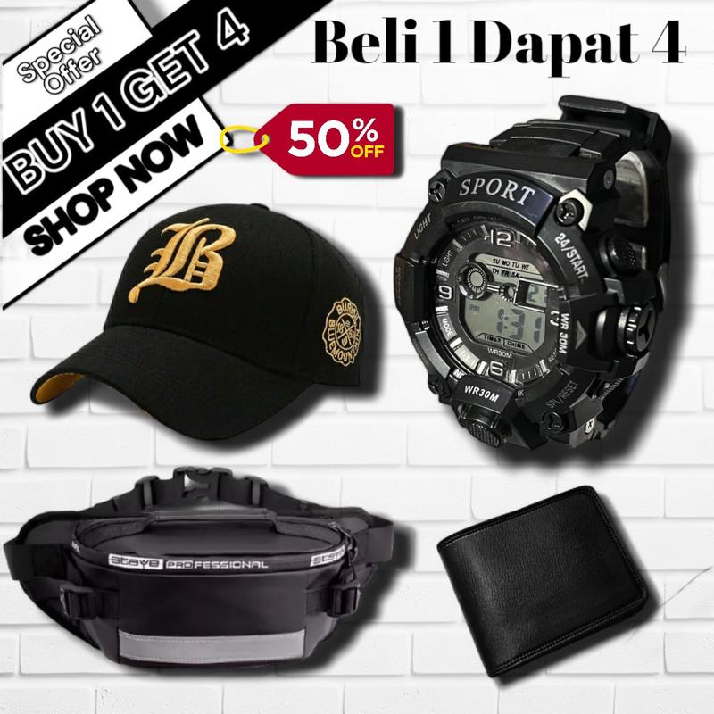 Paket 4 Cetar Jam Digital Water Resistance Topi Baseball Tas - Shop ...