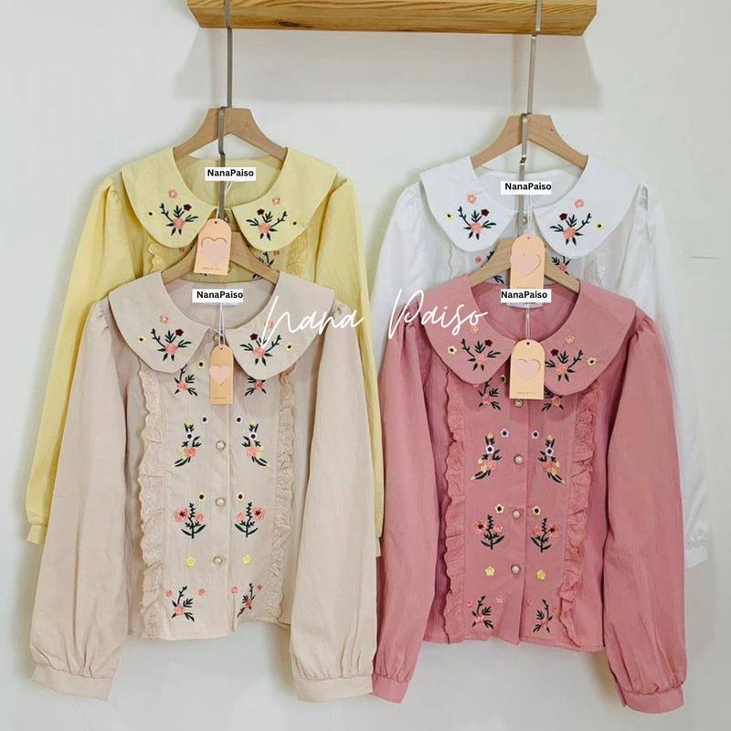 NanaPaiso Dolly Embroidery Blouse Sulam Soft Cotton Kemeja Lengan ...