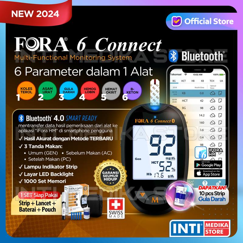 FORA 6 CONNECT - Alat Cek 6in1 Gula Darah + Kolesterol + Asam Urat + B ...