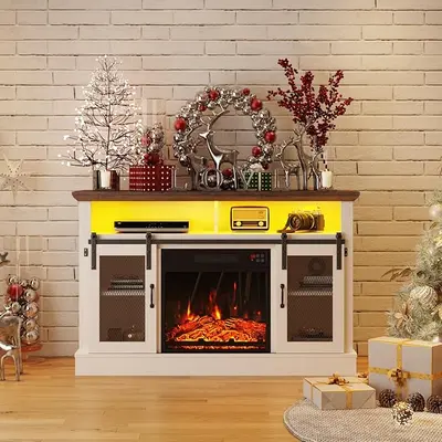 Fireplace tv stand with barn doors store