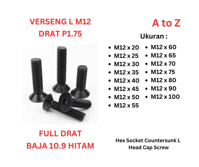 Jual Verseng L Baja 10.9 - M12 x 20 / 25 / 30 / 35 / 40 / 45 / 50 / 55 ...