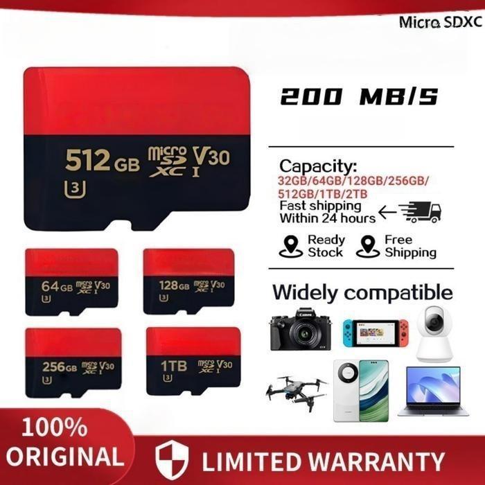 Kartu Memori MicroSD 64GB/128GB/256GB/512GB U3 A2 V30 Kecepatan Baca ...