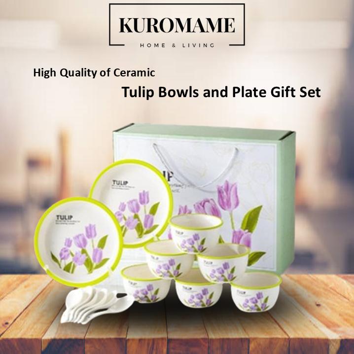 【KUROMAME】Set Pinggan Mangkuk Seramik Corak Bunga Tulip Ceramic ...