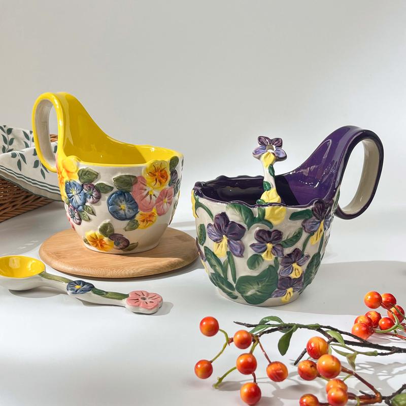 Exquisite ceramic cups,relief-sculpted curved handle cups,countryside ...