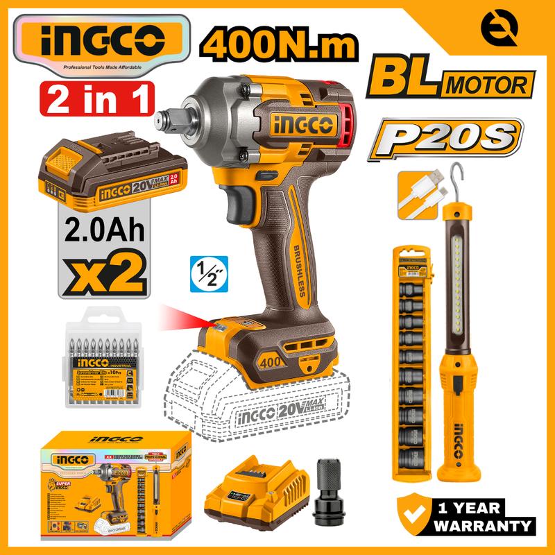 INGCO 20V CORDLESS IMPACT WRENCH | BRUSHLESS MOTOR | & WORK LIGHT COMBO ...