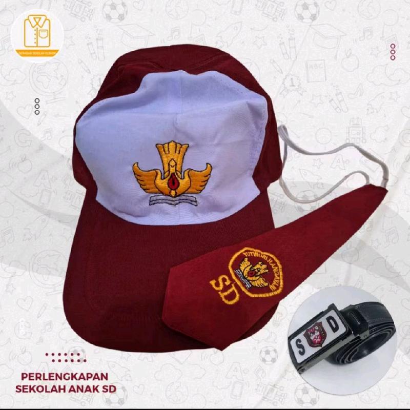 Topi SD merah putih/merah +dasi+ikat pinggang ( perlengkapan sekolah sd ...