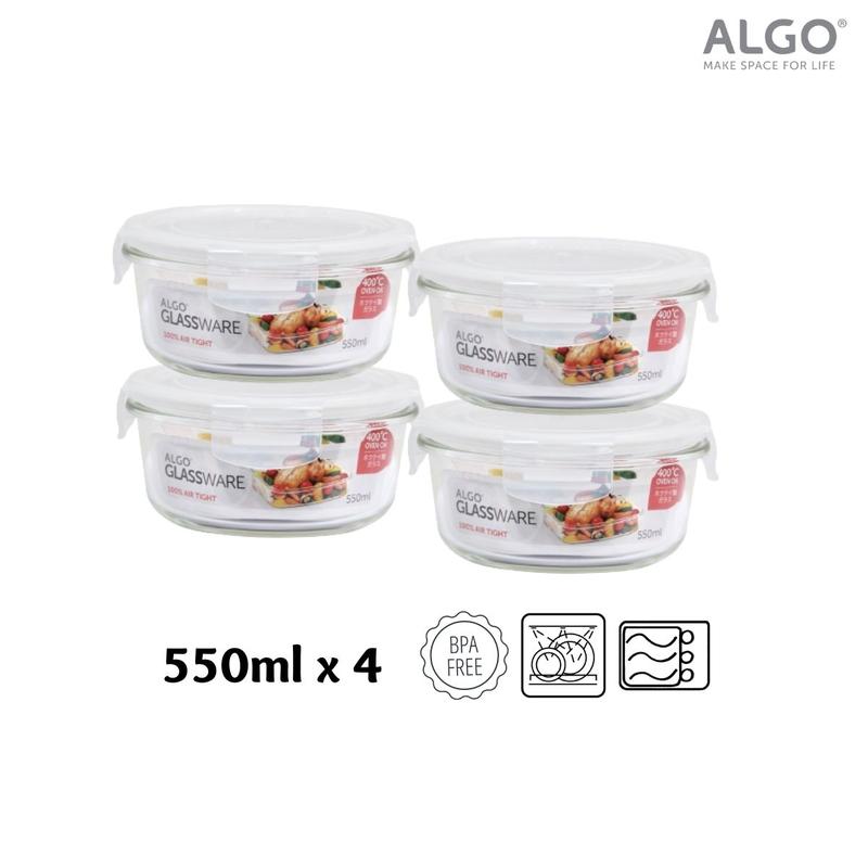 Algo 4P 550ml Glass Airtight Oven Safe Food Container Round Kitchen ...