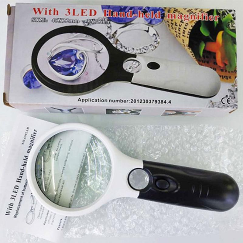 White Magnifying Glass Handheld 45X Magnifier With 3 LED Light For ...