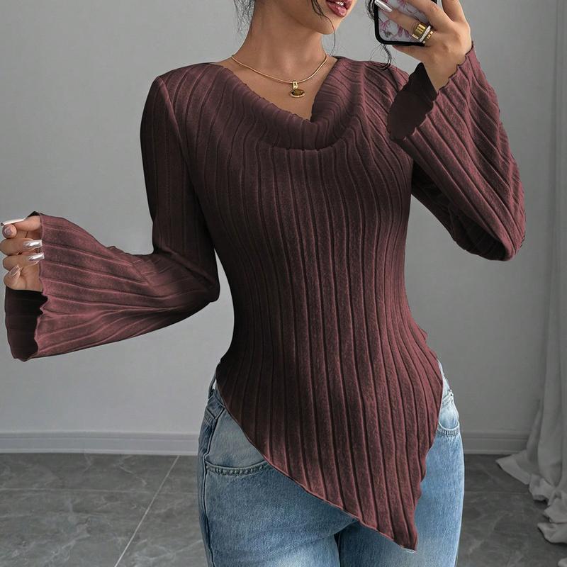 Women's sweaters Irregular hem long-sleeved tops Asymmetric flared ...