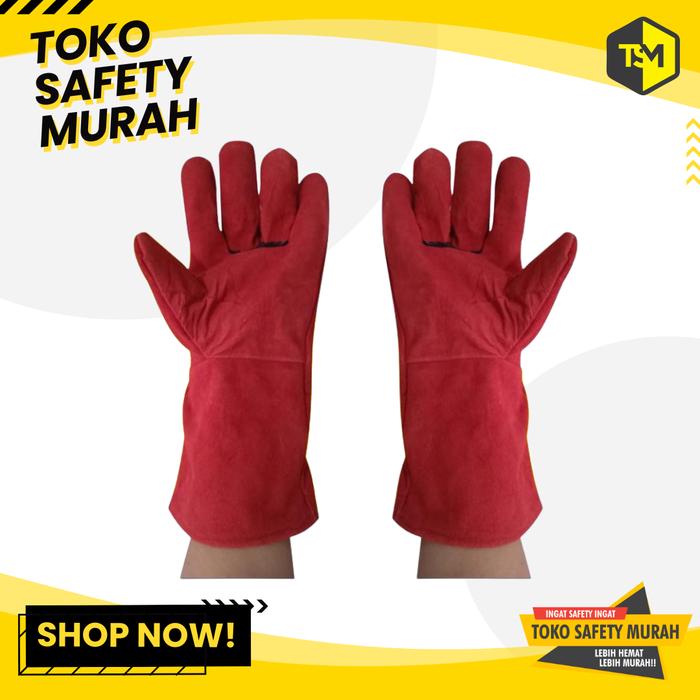 Jual TOKO SAFETY MURAH SARUNG TANGAN LAS MERAH 14 INCI Kulit Sapi Tebal ...