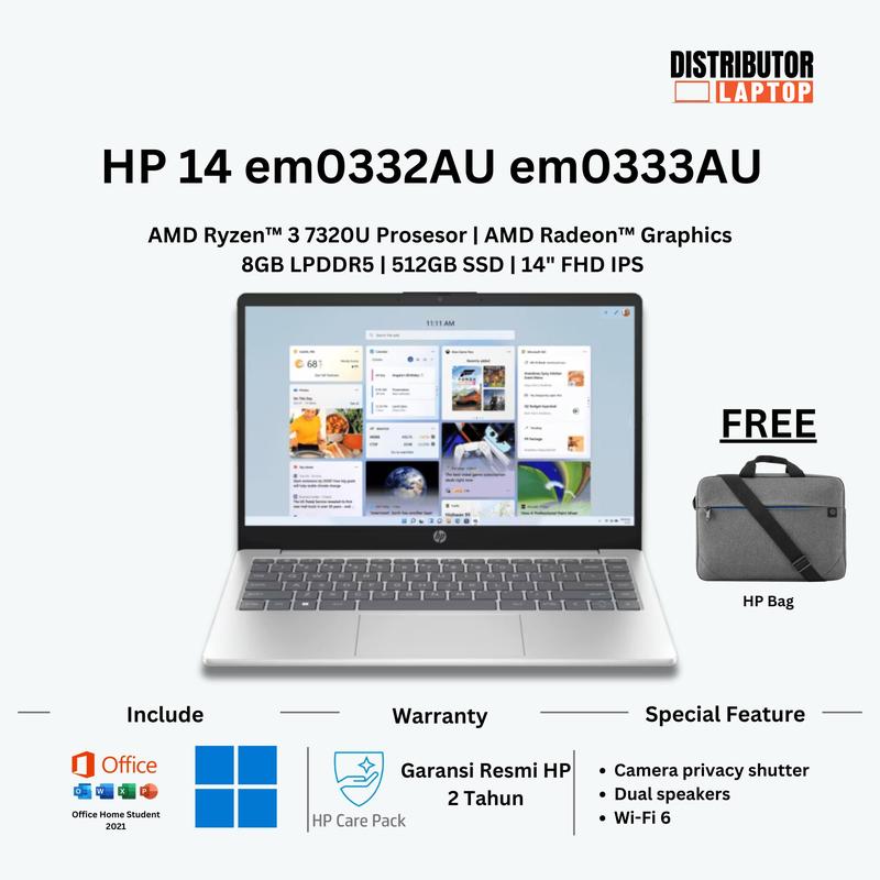 HP Laptop 14 Ryzen 3 7320U RAM 8GB 512GB SSD 14" FHD IPS em0332AU ...