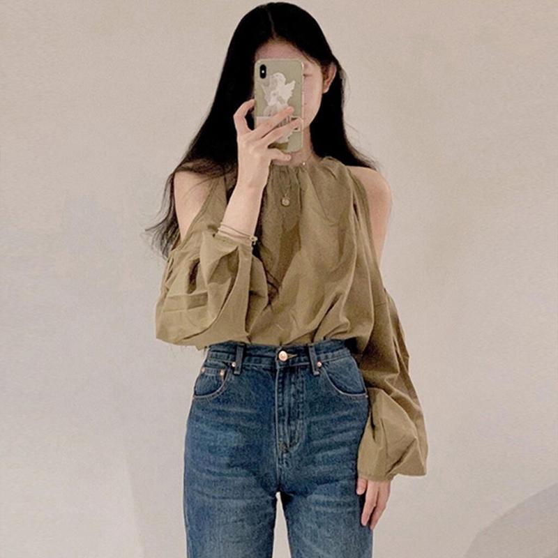 Recounter Korean khaki off shoulder long sleeved shirt summe - TikTok ...