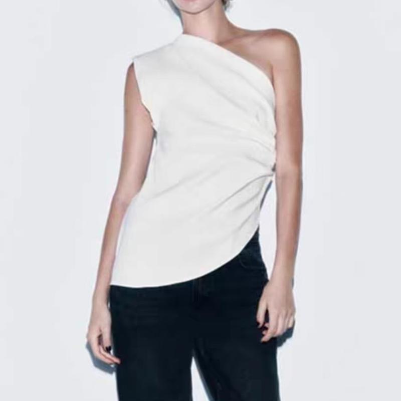 Women's slanted neck T-shirt off shoulder asymmetrical casual top ...