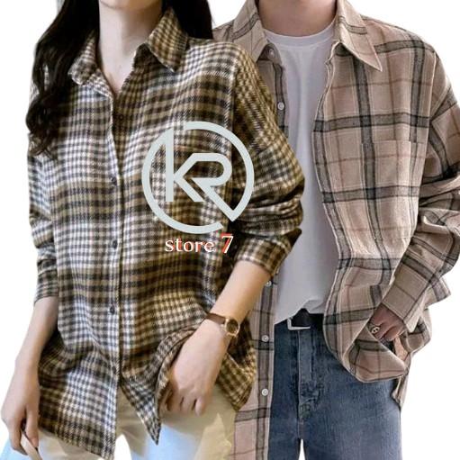 Kemeja Flanel Cream Coklat Pria Wanita Atasan Lengan Panjang - Shop ...