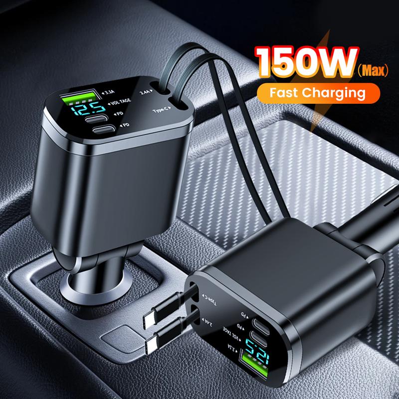 150W PD 5 in 1 Retractable Car Charger with Dual Telescopic Cable ...
