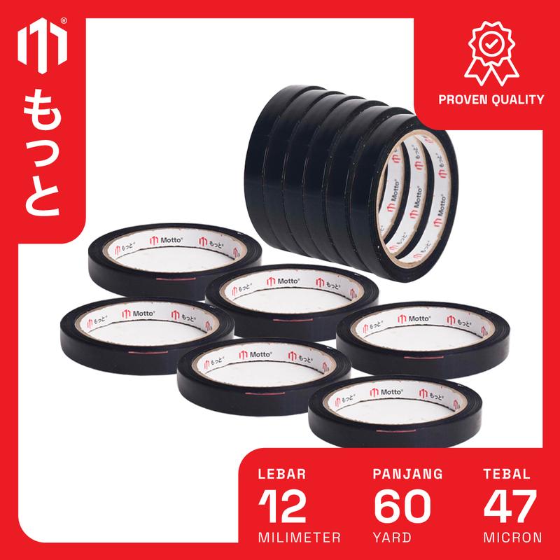 Isolasi Warna Hitam 12mm x 60 Yard - Slop (12 Pcs) - Motto Tape/Lakban ...