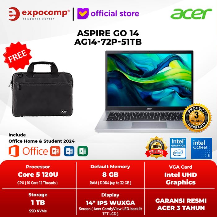 Promo ACER ASPIRE GO 14 AG14-72P-51TB SILVER INTEL CORE 5-120U 8GB 1TB ...