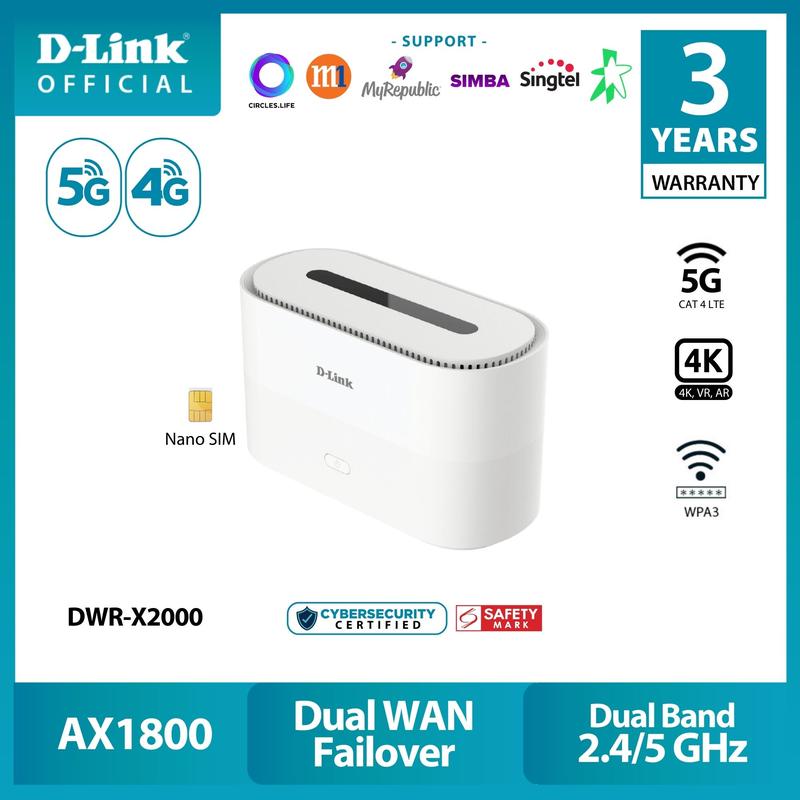 D-Link DWR-X2000 5G LTE AX1800 Dual-Band Wireless 6 Wi-Fi 6 Mobile ...