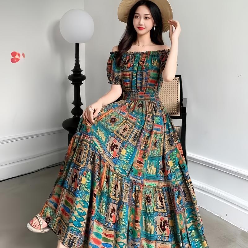 Skirt sutera kapas dengan bahu bunga yang dicincang, skirt pantai ...