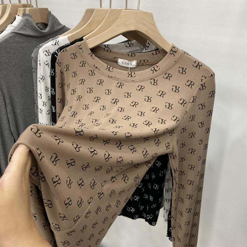 Kemeja-t turtleneck kapas untuk wanita, baju sejuk cetakan huruf ...