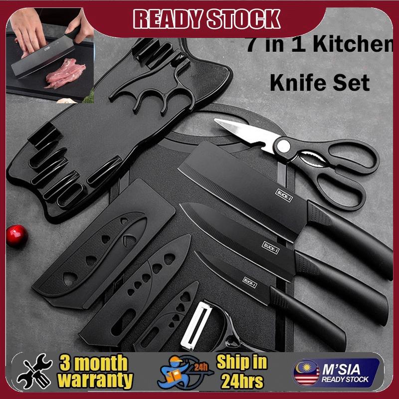 （7in1） Black Steel Nonstick Kitchen Knife Set Dapur Pisau Gunting ...