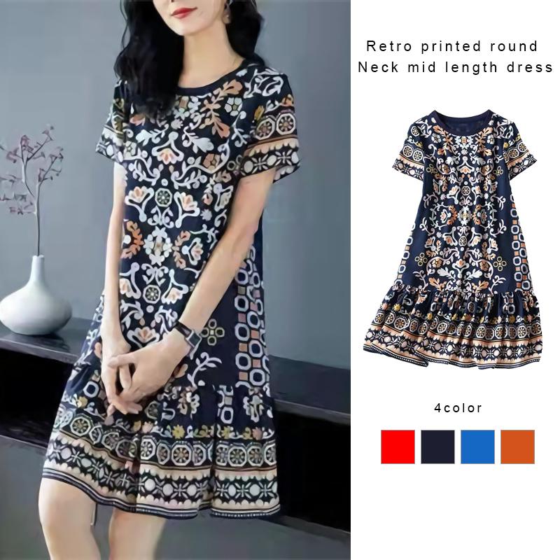 【Barang spot Boutique】~Retro Printed Round Neck Mid-length Dress ...
