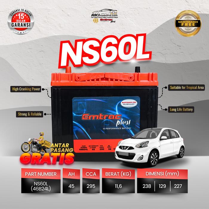 Jual EMTRAC PLUS MF NS60L (46B24L) 45Ah | Aki Mobil Daihatsu Charade ...