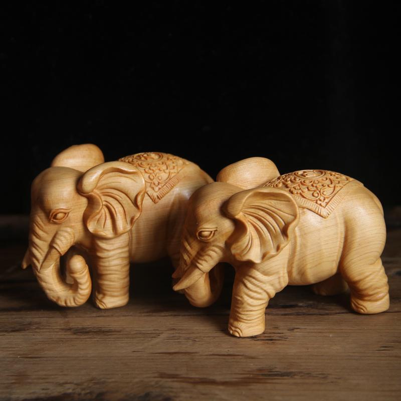 Cliff cypress wood carving auspicious elephant 1 pair decoration ...
