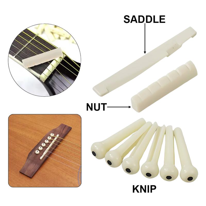 8Pcs Nut Knip dan Saddle Atas Set Bridge Pin Senar Gitar Akustik Guitar ...