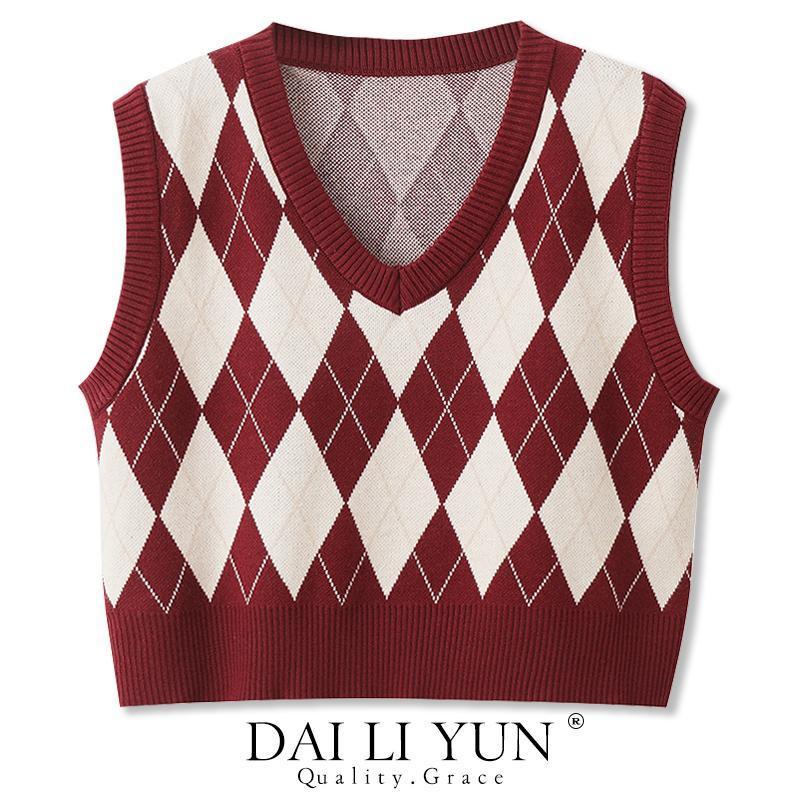 Rompi rajutan dengan leher V untuk wanita, baju sejuk gaya Preppy ...