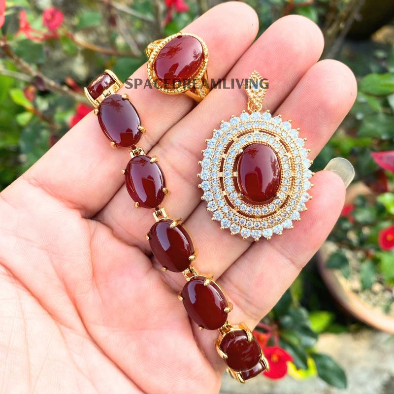 Set Rantai Tangan Akik Loket Cincin Emas Suasa Sadur Batu Agate ...