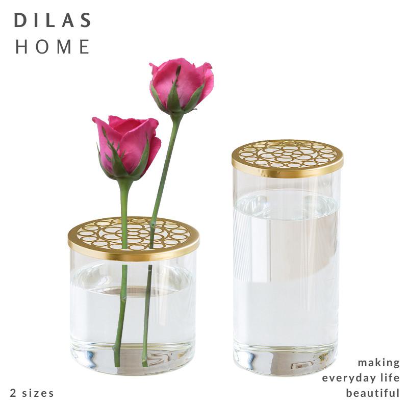 DILAS HOME Elegant Cylinder Glass Vase with Gold Grid Lid Cover ...